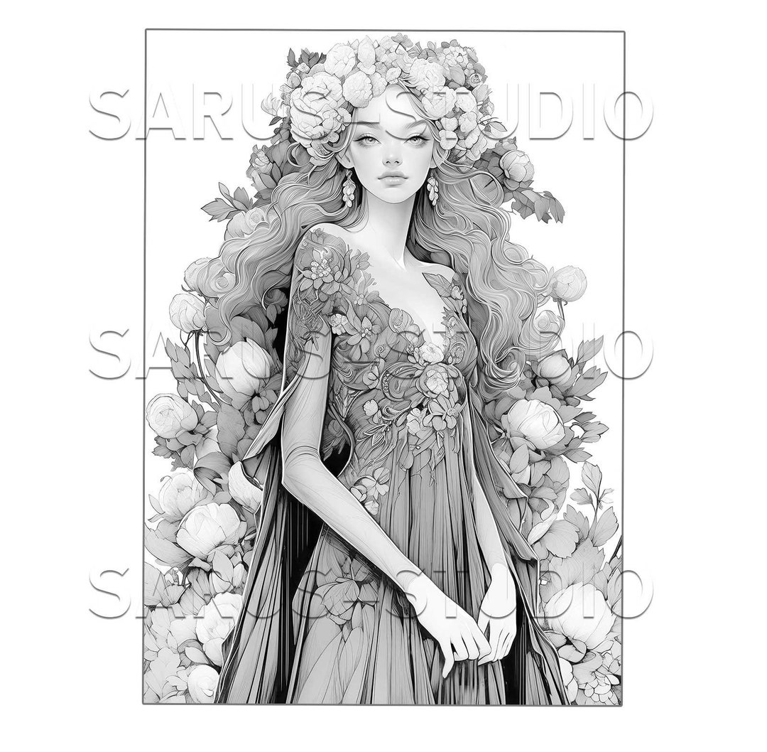 Premium Coloring Page, Grayscale Coloring Page, Printable Adult Women ...