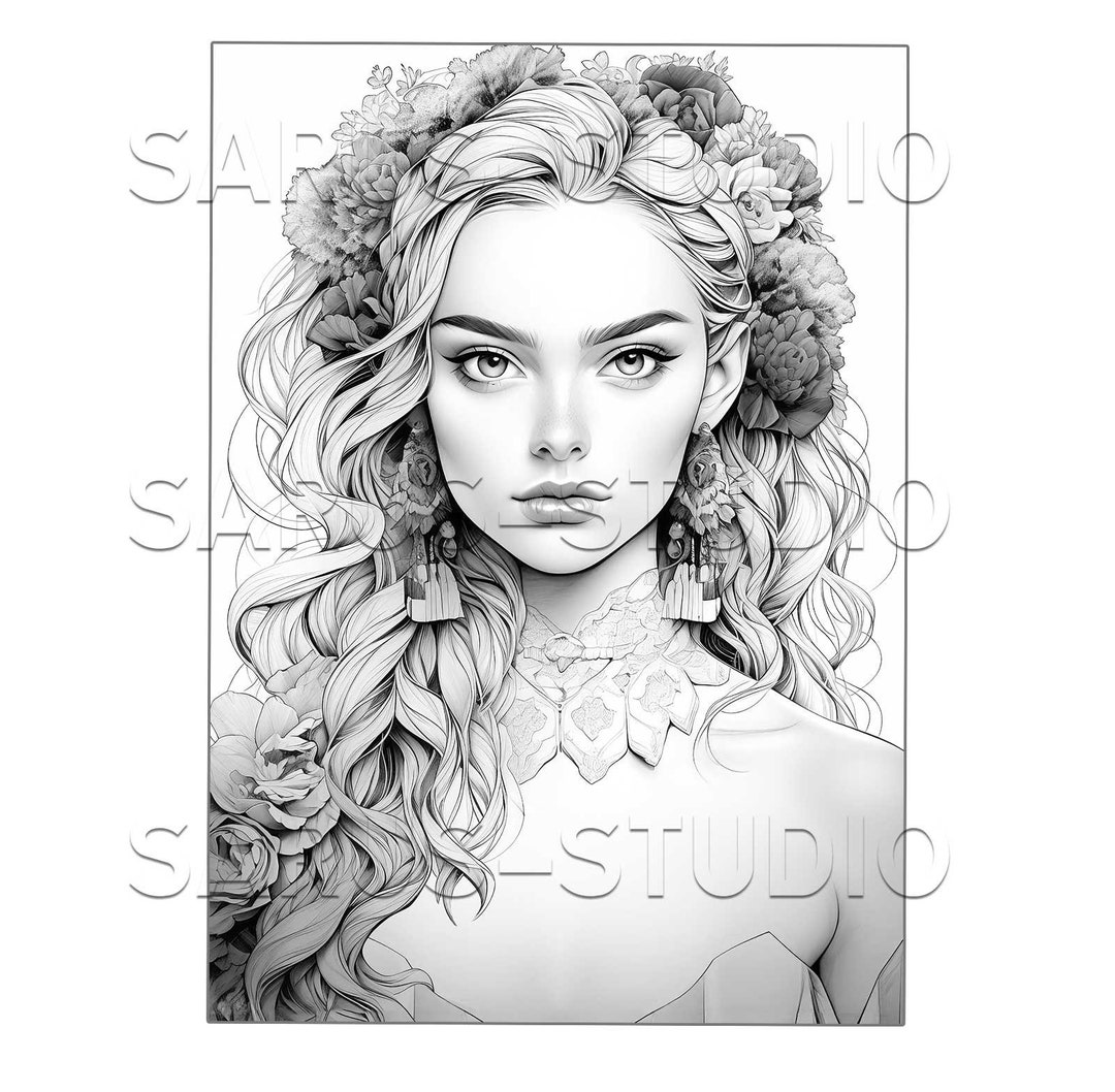 Premium Coloring Page, Grayscale Coloring Page, Printable Adult Women ...