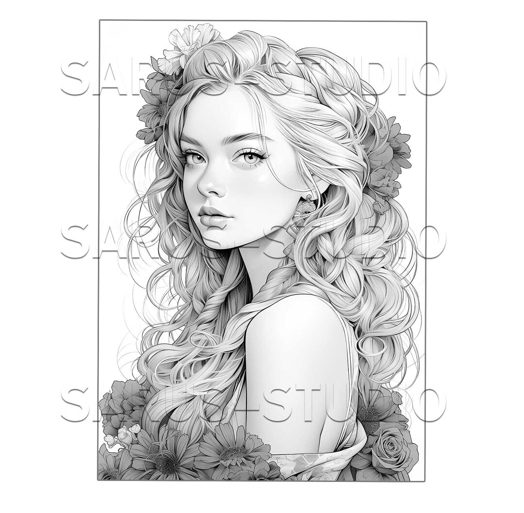 Premium Coloring Page, Grayscale Coloring Page, Printable Adult Women ...