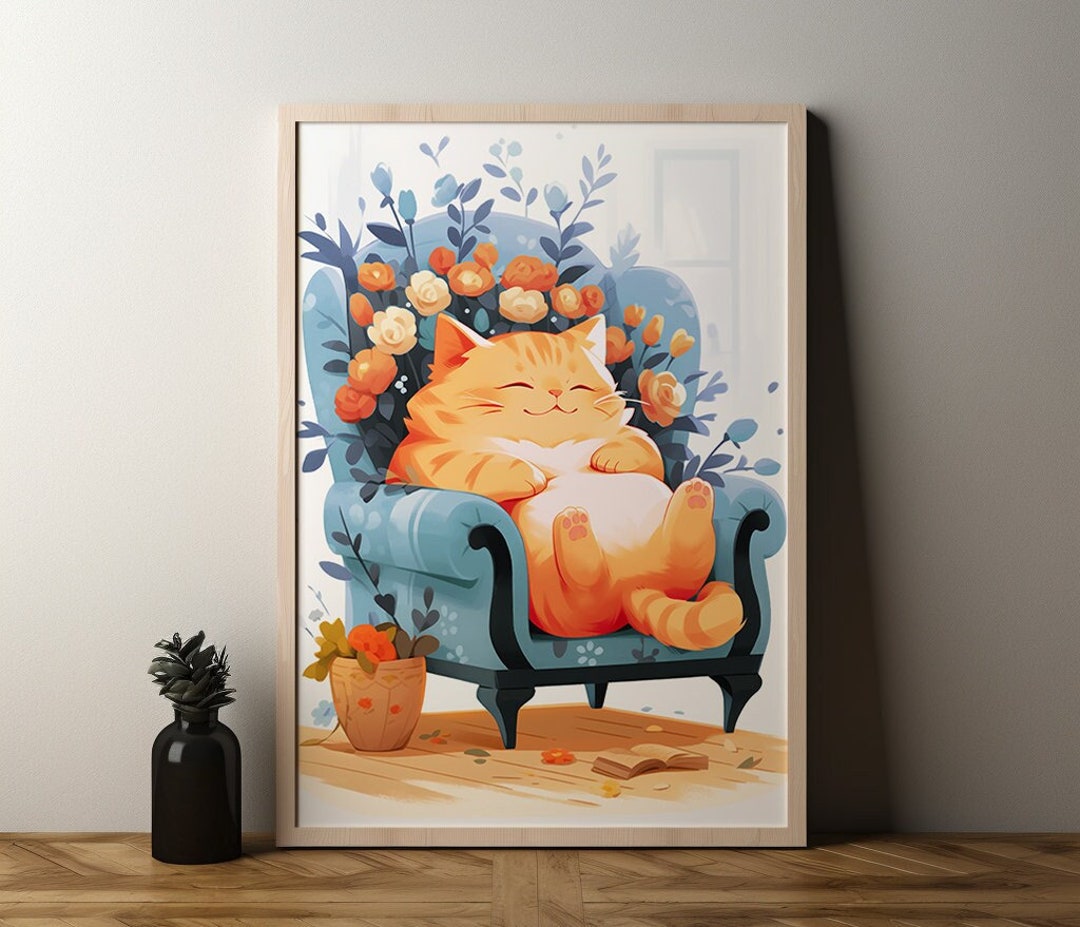 Cozy Floral Cat Nap, Fat Cat in a Chair, Cat Lover Gift, Cat Decor ...