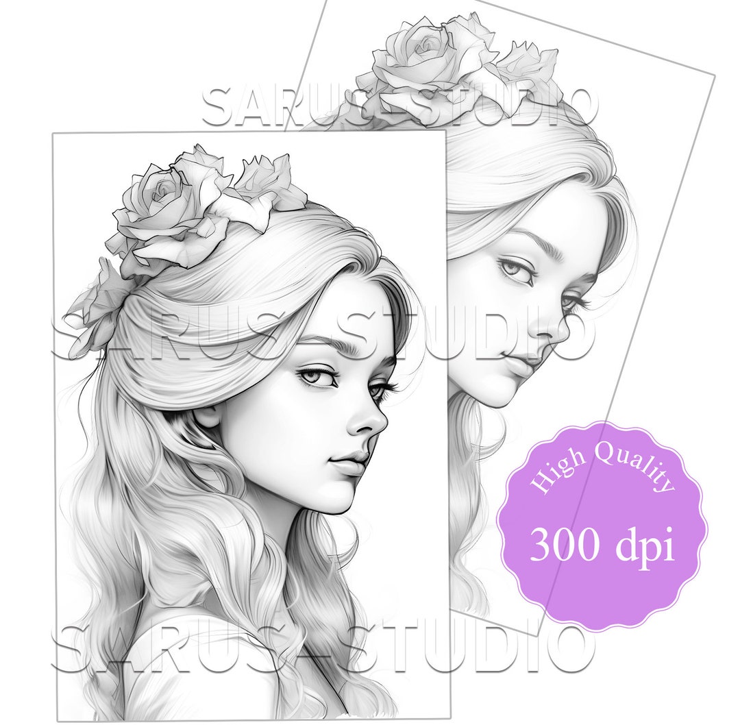 Premium Coloring Page, Grayscale Coloring Page, Printable Adult Women ...