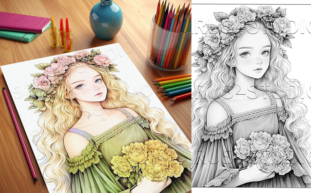 Premium Coloring Page, Grayscale Coloring Page, Printable Adult Women ...