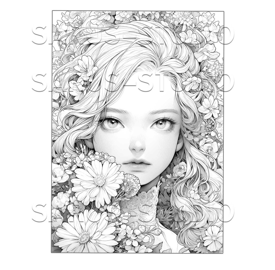 Premium Coloring Page, Grayscale Coloring Page, Printable Adult Women ...