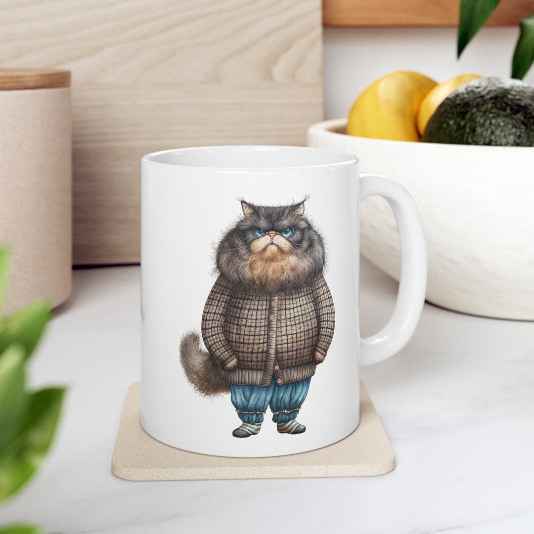 Grumpy Cat Illustration Mug, Whimsical Feline Art Coffee Cup, Dapper ...