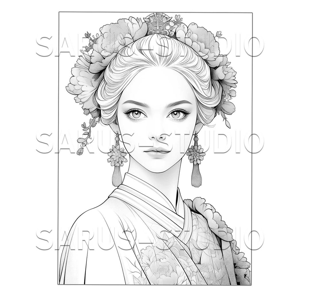 Premium Coloring Page, Grayscale Coloring Page, Printable Adult Women ...