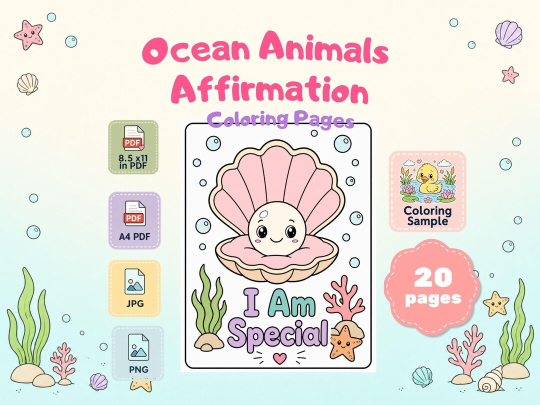 Ocean Animals Affirmation Coloring Pages for Kids, Cute Sea Life ...
