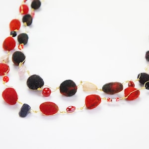 Red Black Felt Ball Necklace, Valentines Gift, Multi Strand Necklace ...
