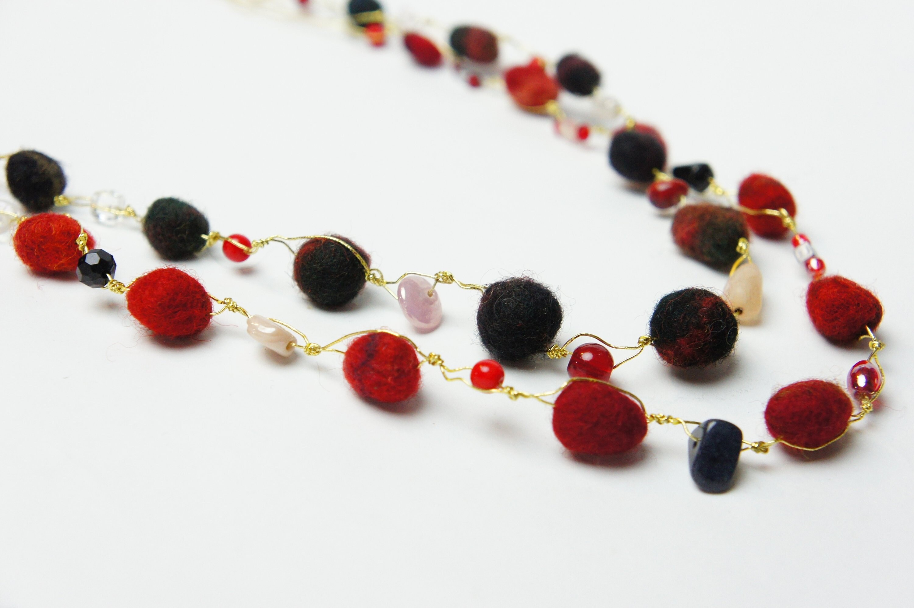 Red Black Felt Ball Necklace Valentines Gift Multi Strand | Etsy