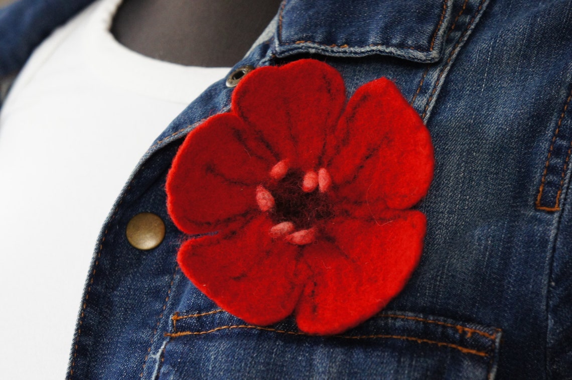 Felt Flower Brooch, Felt Poppy Flower Pin, Wool Flower Pin, Felt Red ...