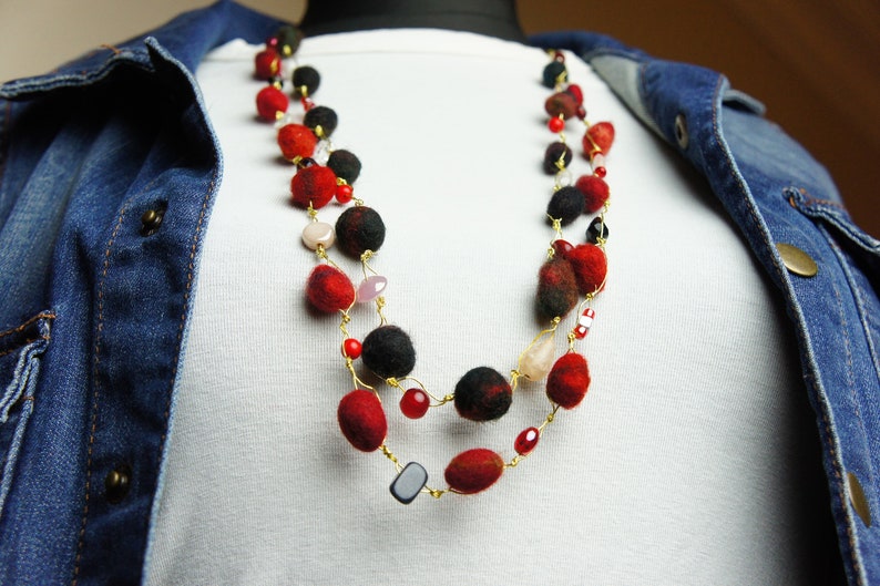 Red Black Felt Ball Necklace Valentines Gift Multi Strand - Etsy