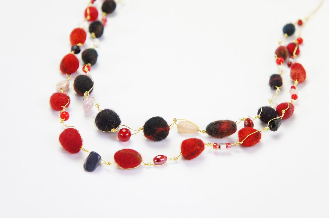 Red Black Felt Ball Necklace, Valentines Gift, Multi Strand Necklace ...