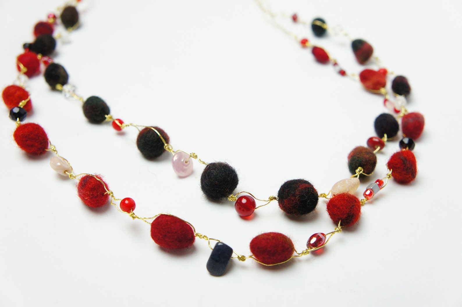 Red Black Felt Ball Necklace, Valentines Gift, Multi Strand Necklace ...