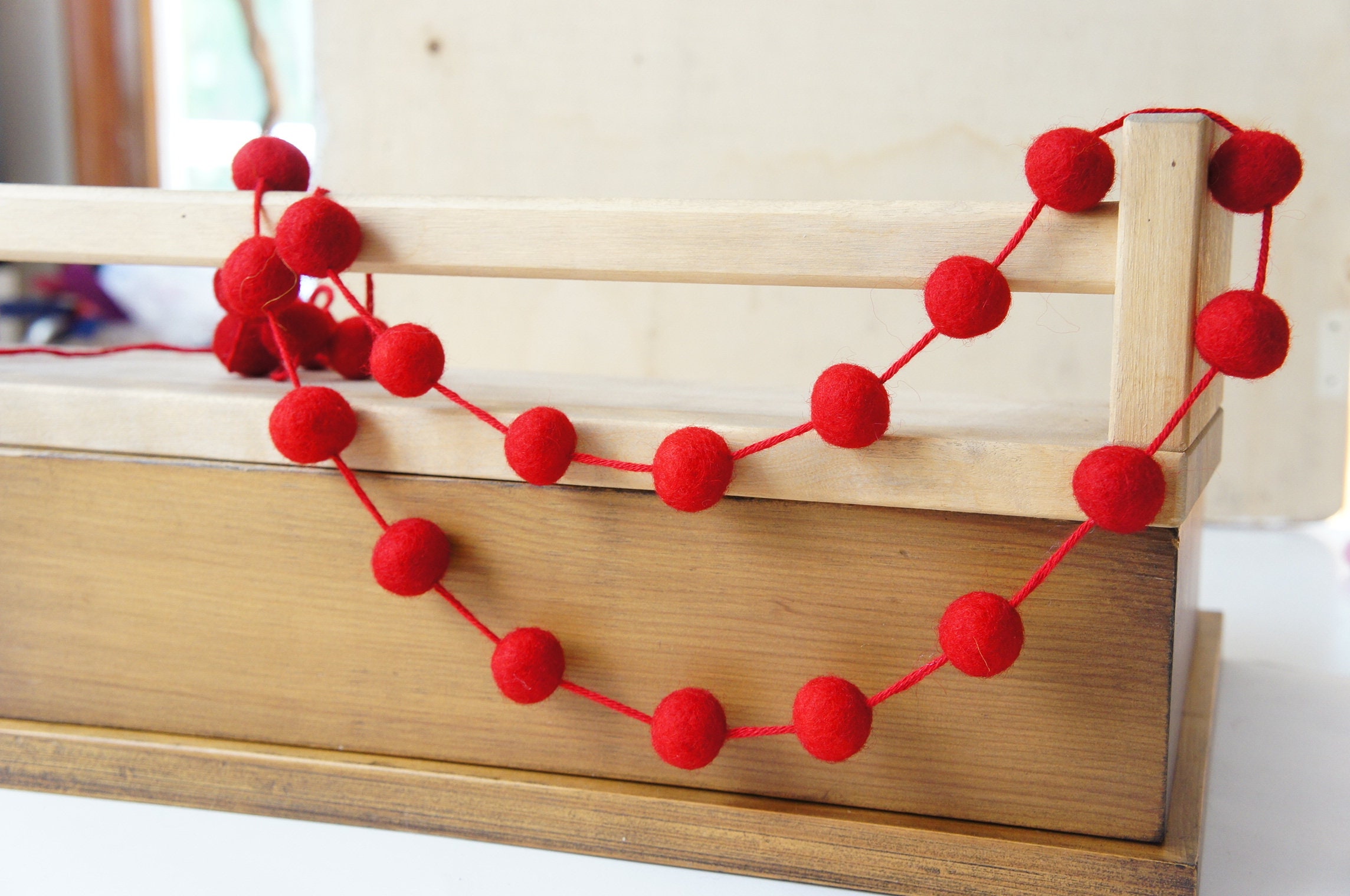 Felt Ball Christmas Garland, Red Pom Pom Garland, Farmhouse Garland ...