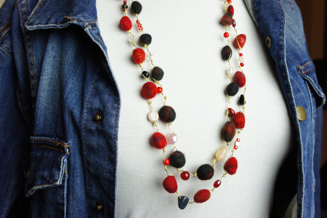 Red Black Felt Ball Necklace Valentines Gift Multi Strand - Etsy