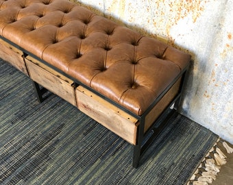 Distressed Leather Tufted Bench the Grande Custom Made Furniture Etsy