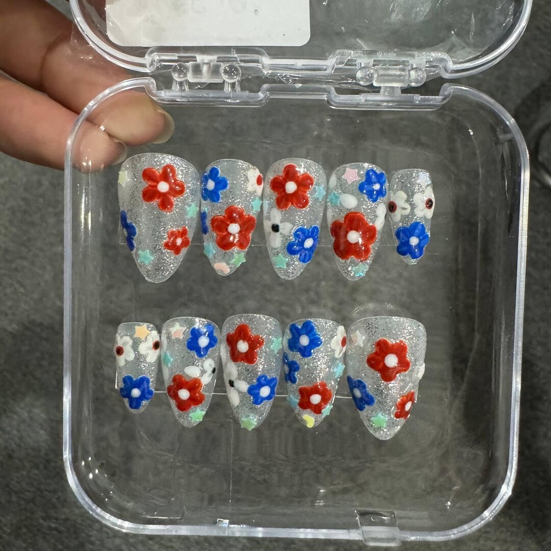Handmade Patriotic Floral Press on Nails, Red White Blue Flower Nail ...