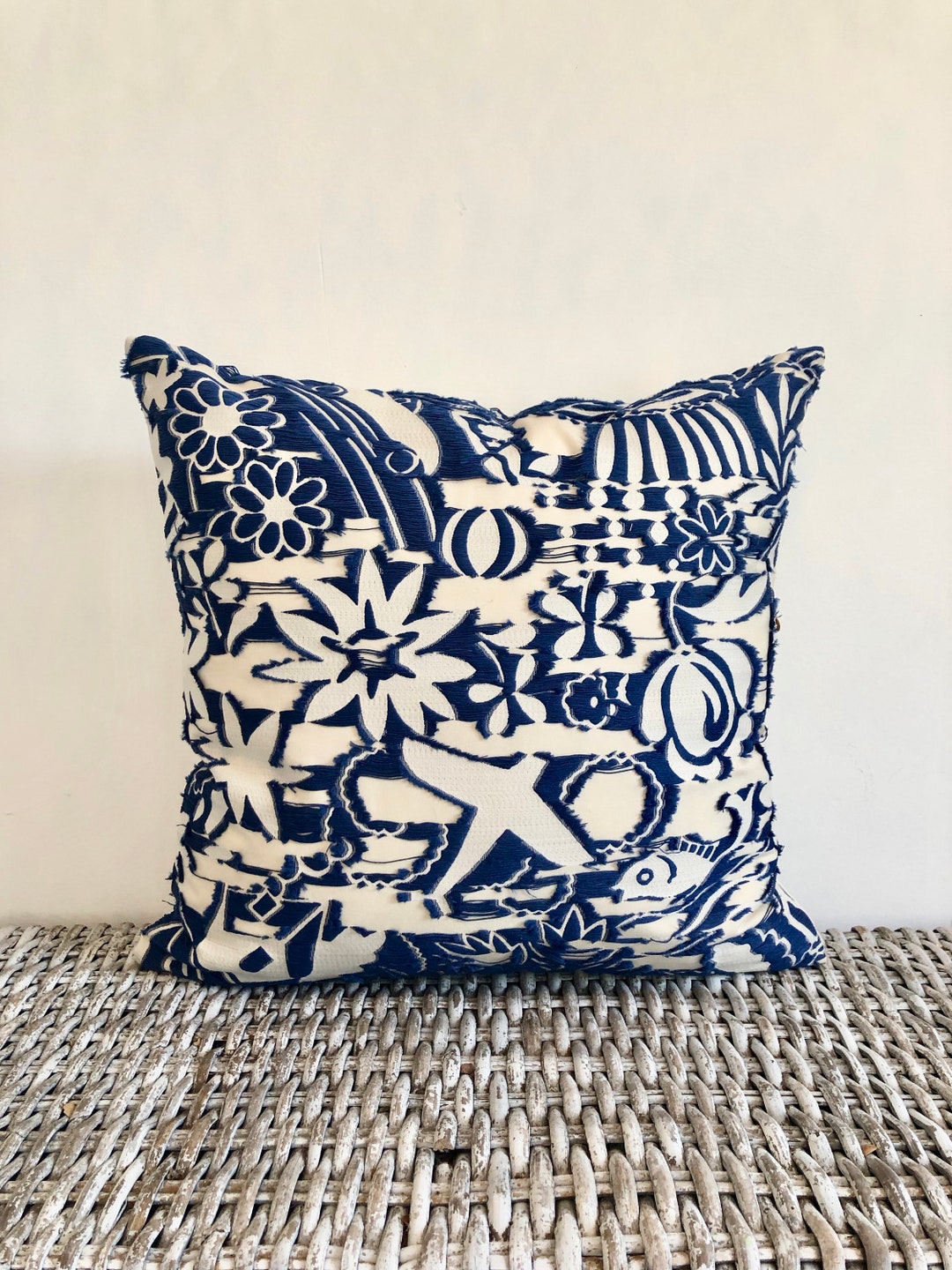 French Blue Floral Jacquard Pillow, Blue & White Flower Motif, French ...