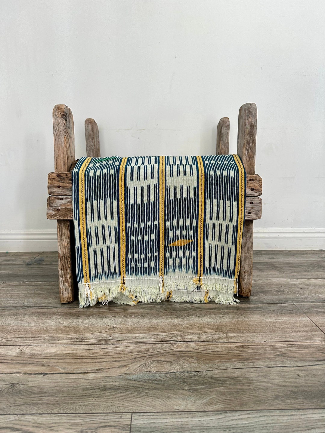 Yellow & Indigo Vintage Baule Ikat African Fabric - Ethnic Bogolan ...