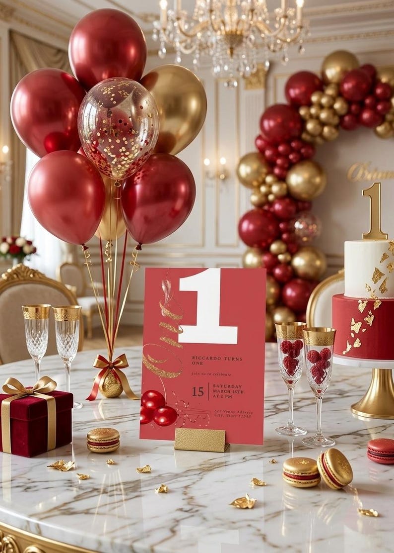 First Birthday Party Invite | Editable Canva Template | Red Gold Design ...