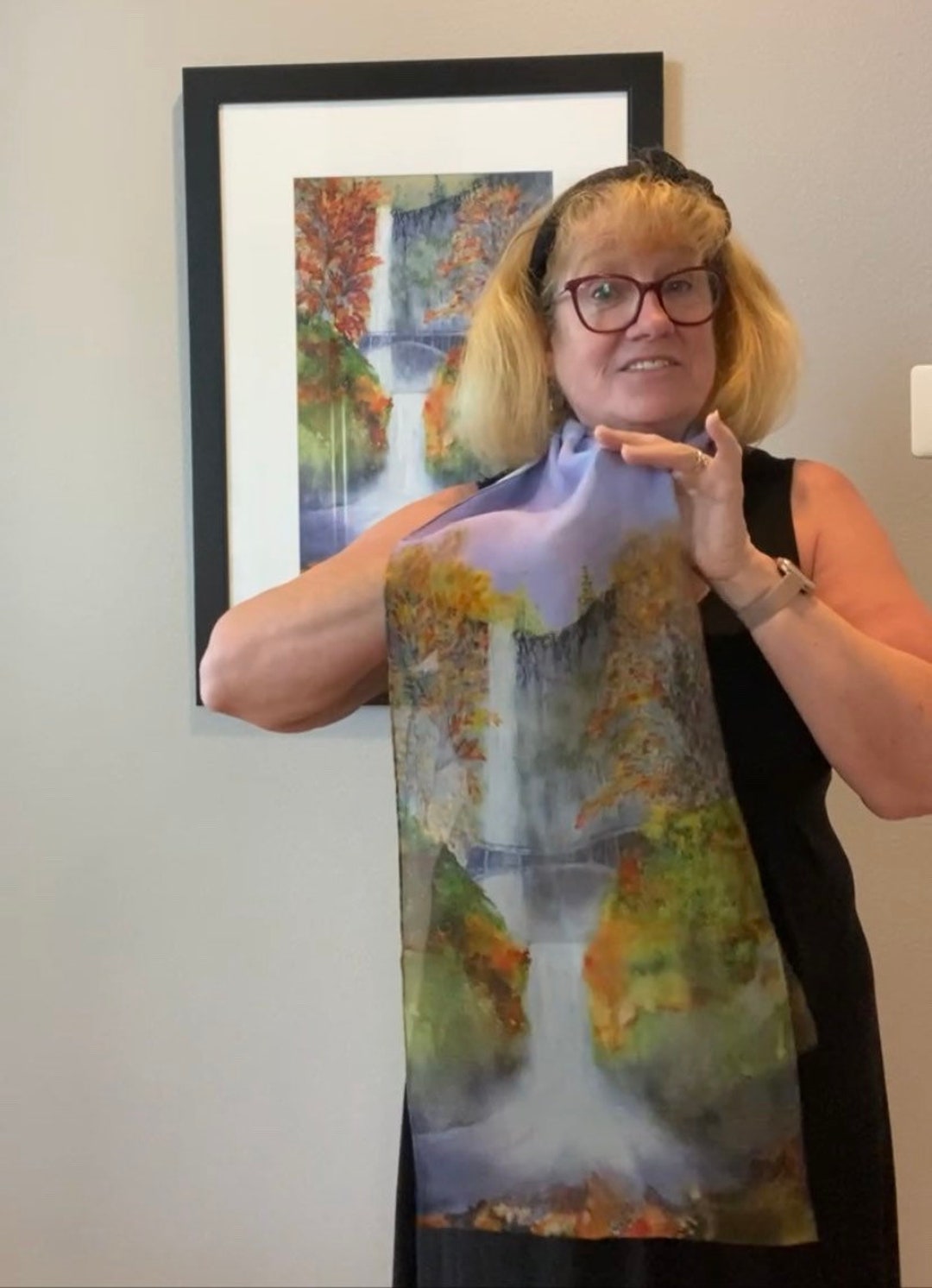 Watercolor Scarf, Multnomah Falls, Original Artwork, One-of-a-kind ...