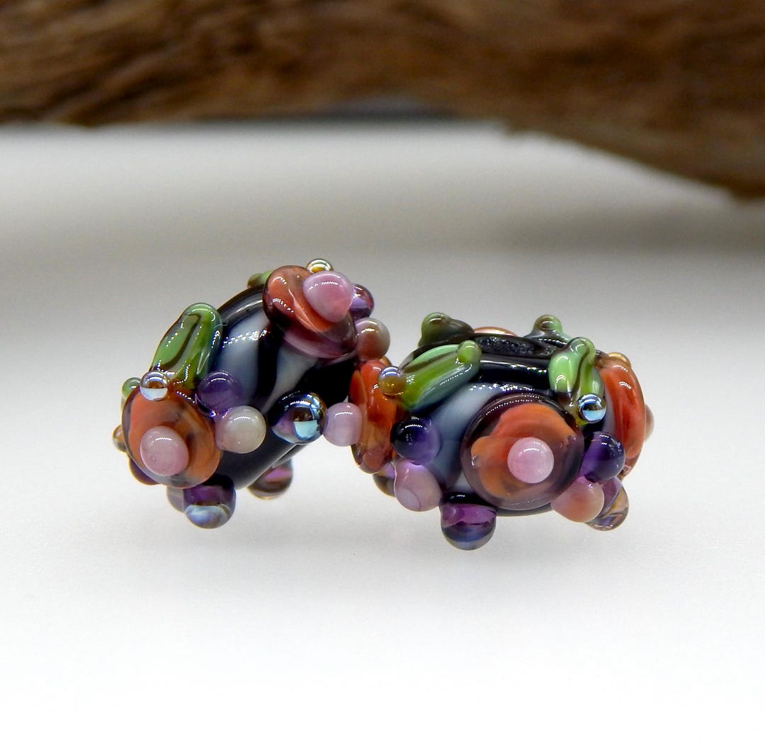 Lampwork Beads-lampwork Pairs-floral Coral Pink Purple Silver Glass ...