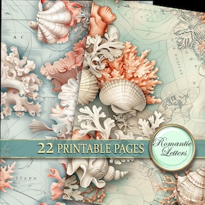 Ocean Corals Scrapbook Digital Printable Paper Pack Map Background ...