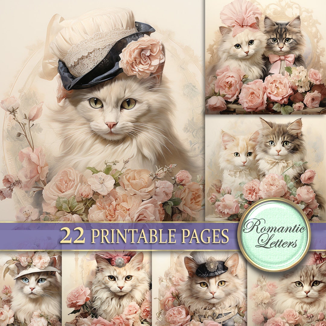 Cats and Rose Flowers Floral Digital Scrapbook Paper Pack Shabby Chic ...