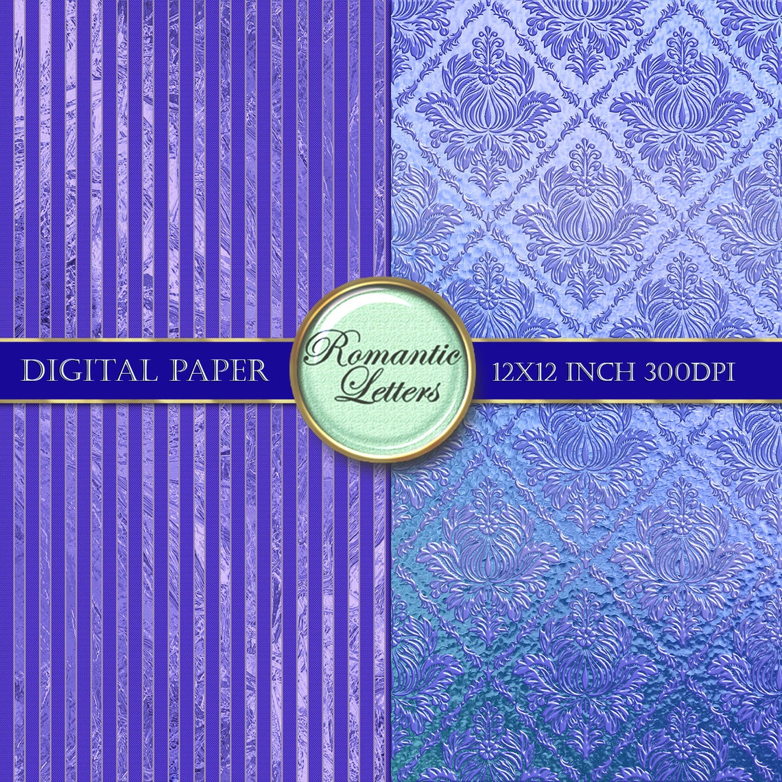 Damask Gold Digital Paper Pack Digital Background Paper Blue Gold Foil ...