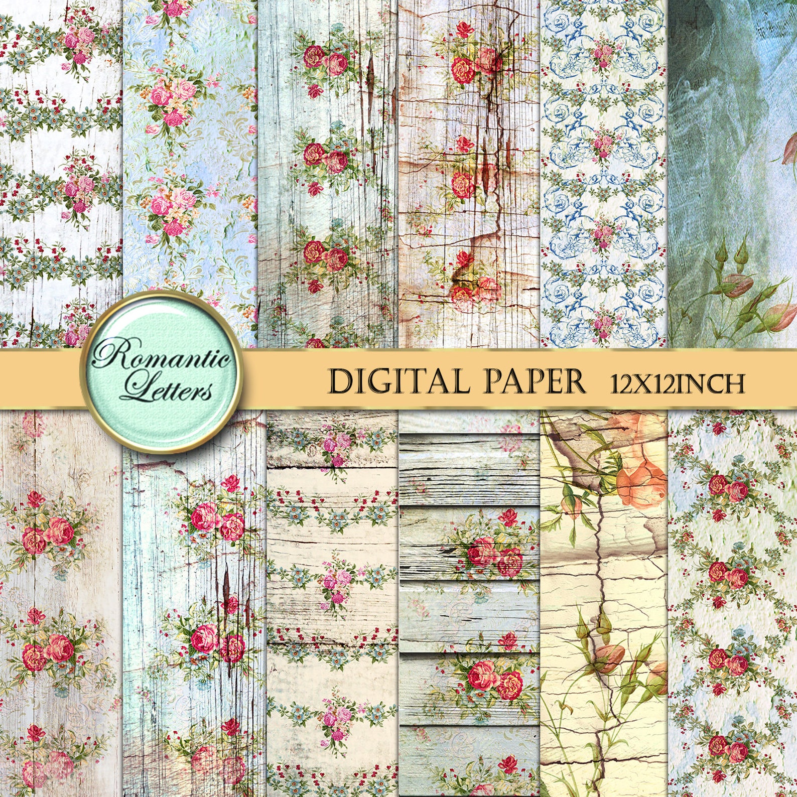Floral Digital Scrapbook Paper Pack Shabby Chic Distressed - Etsy