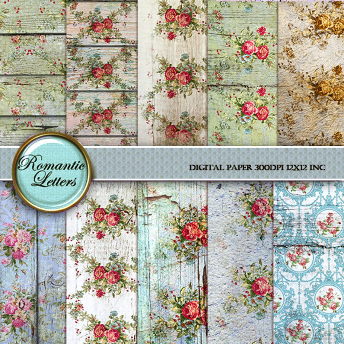 Floral Digital Scrapbook Paper Pack Shabby Chic Rose | Etsy