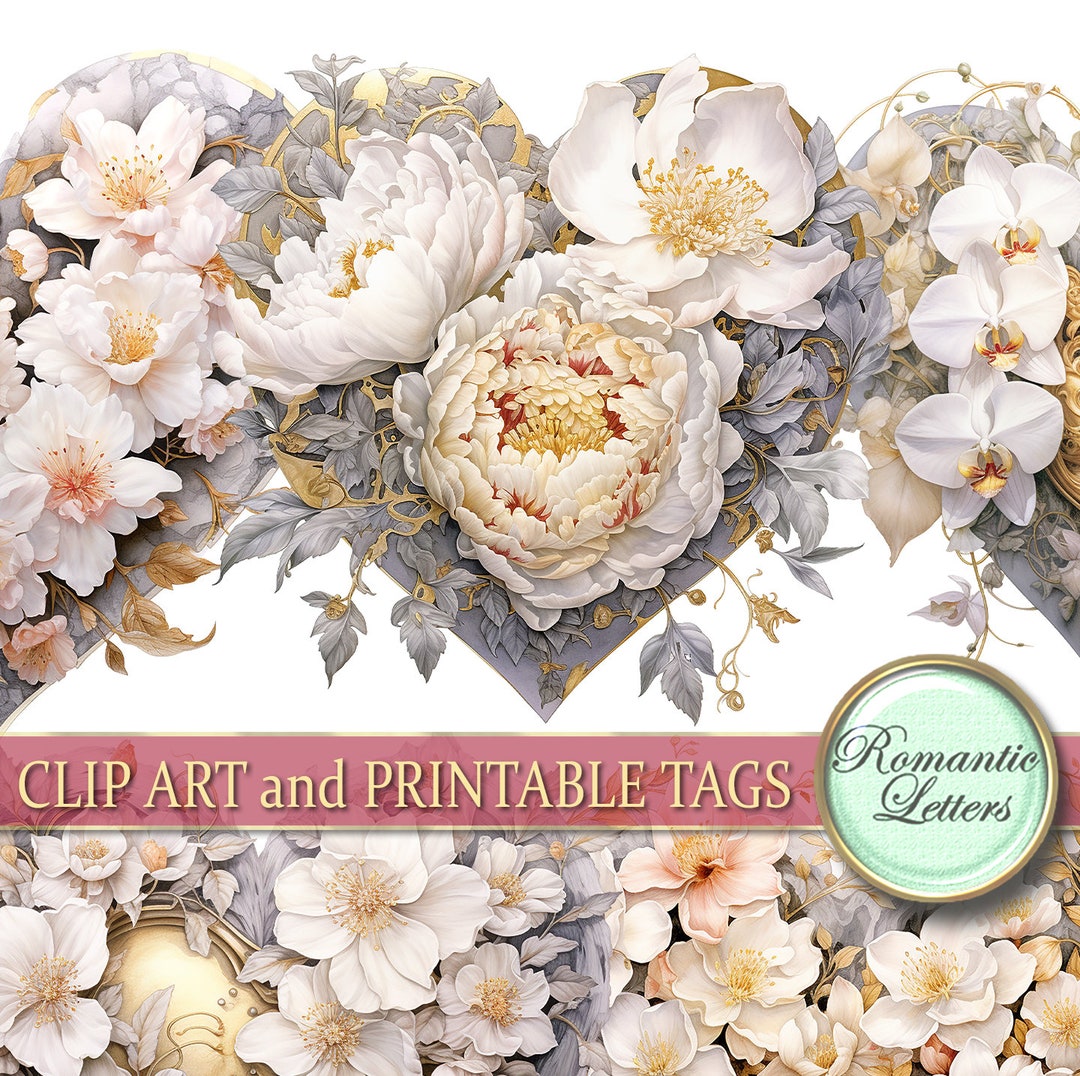 Valentine Heart Clip Art Valentines Day Clipart Floral Shabby Chic Rose ...