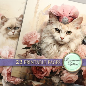 Cats and Rose Flowers Floral Digital Scrapbook Paper Pack Shabby Chic ...