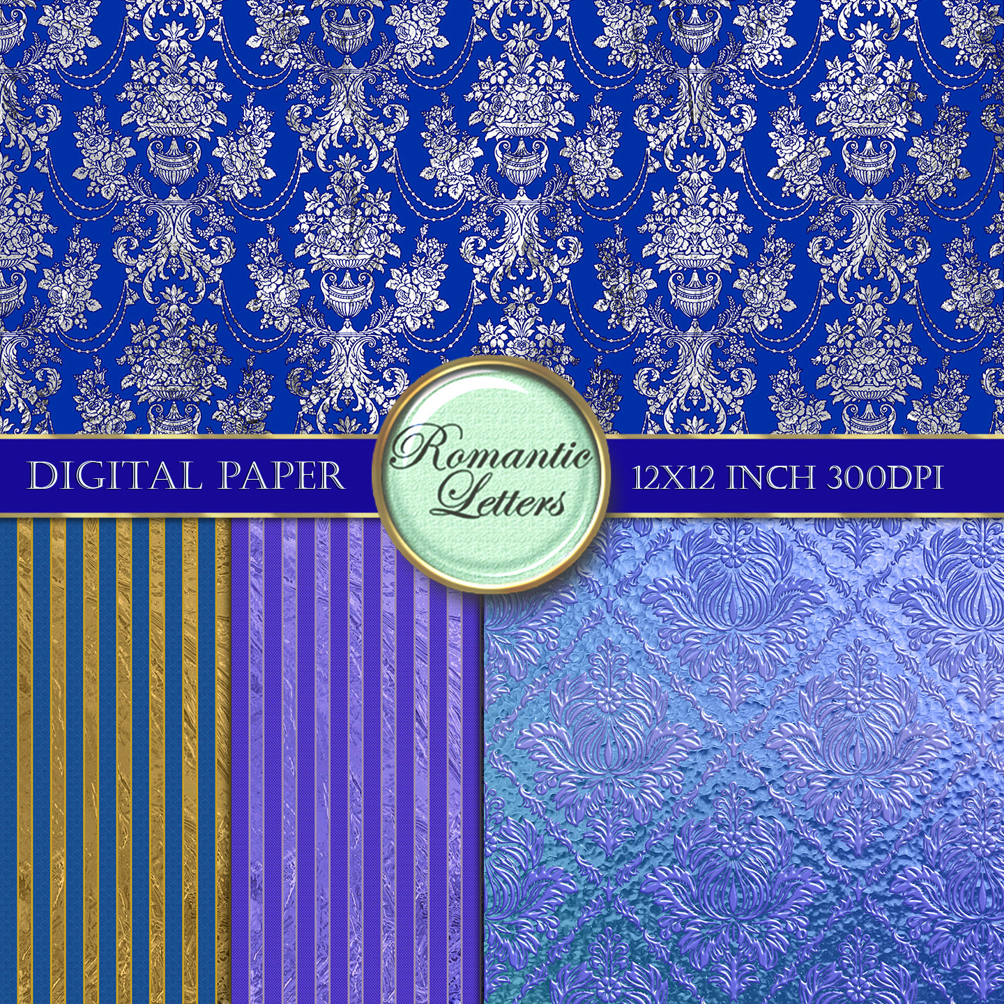 Damask Gold Digital Paper Pack Digital Background Paper Blue | Etsy