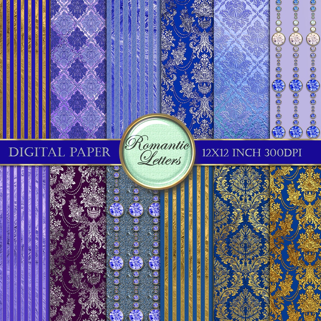 Damask Gold Digital Paper Pack Digital Background Paper Blue Gold Foil ...