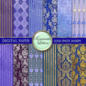 Damask Gold Digital Paper Pack Digital Background Paper Blue Gold Foil ...