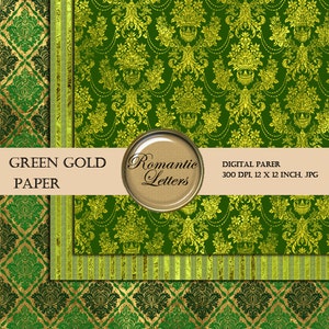 Digital Paper Pack Damask Gold Texture Green Digital Gold Paper Digital ...