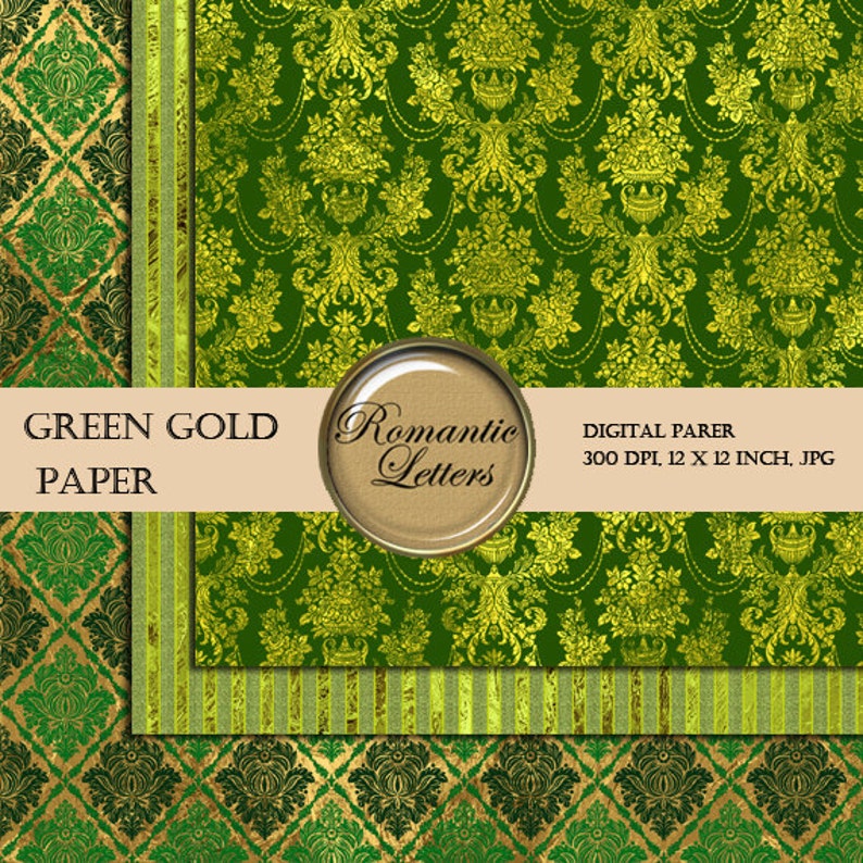 Digital Paper Pack Damask Gold Texture Green Digital Gold | Etsy