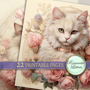 Cats and Rose Flowers Floral Digital Scrapbook Paper Pack Shabby Chic ...