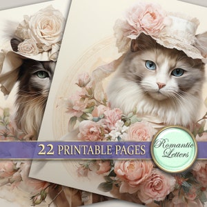 Cats and Rose Flowers Floral Digital Scrapbook Paper Pack Shabby Chic ...