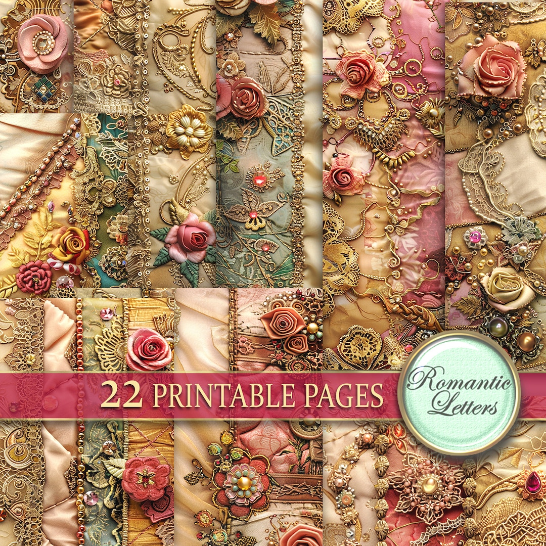 Digital Printable Scrapbook Paper Pack Gold Embroidery Satin Silk ...
