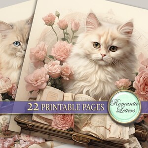Cats and Rose Flowers Floral Digital Scrapbook Paper Pack Shabby Chic ...