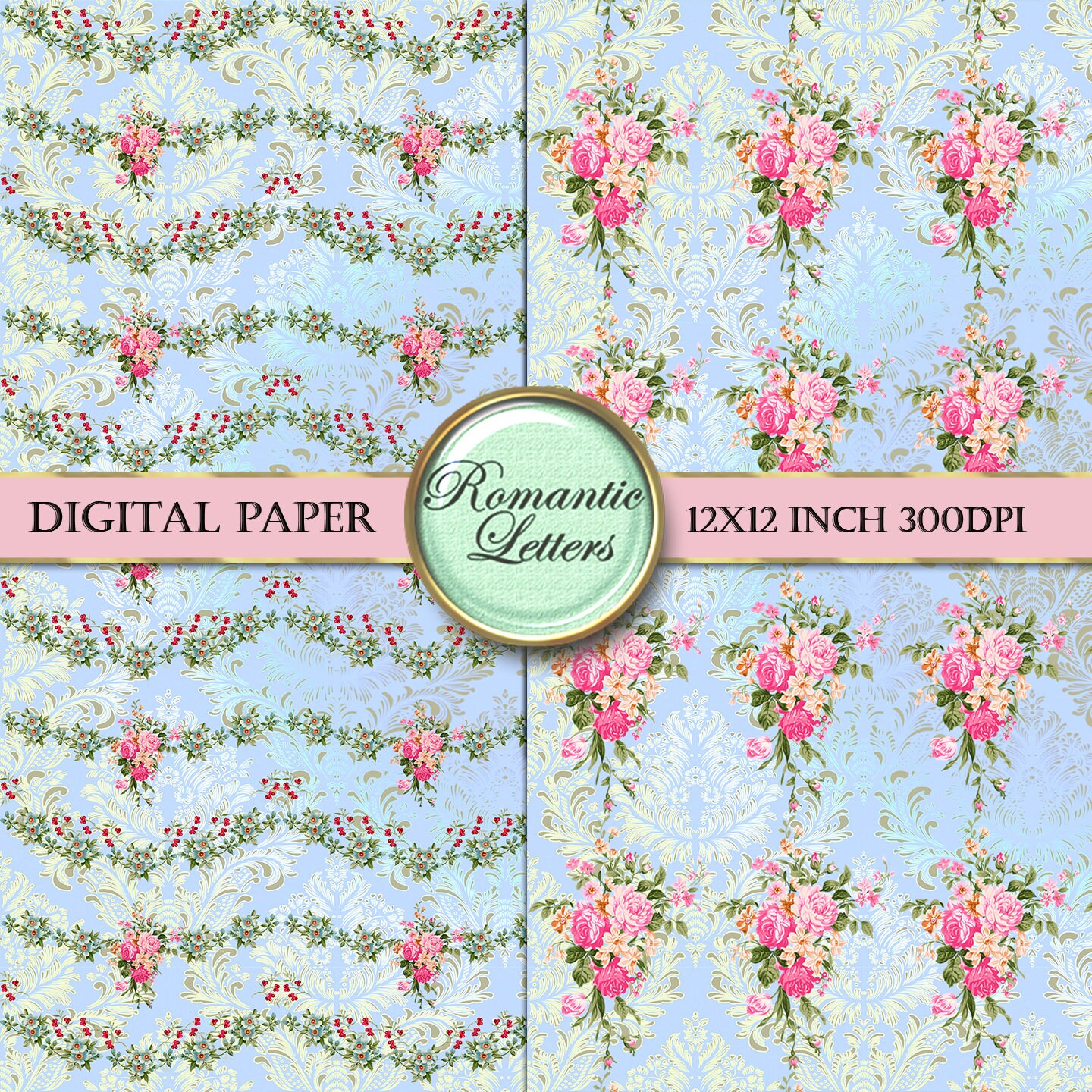 Floral Digital Scrapbook Paper Pack Shabby Chic Rose Flowers | Etsy