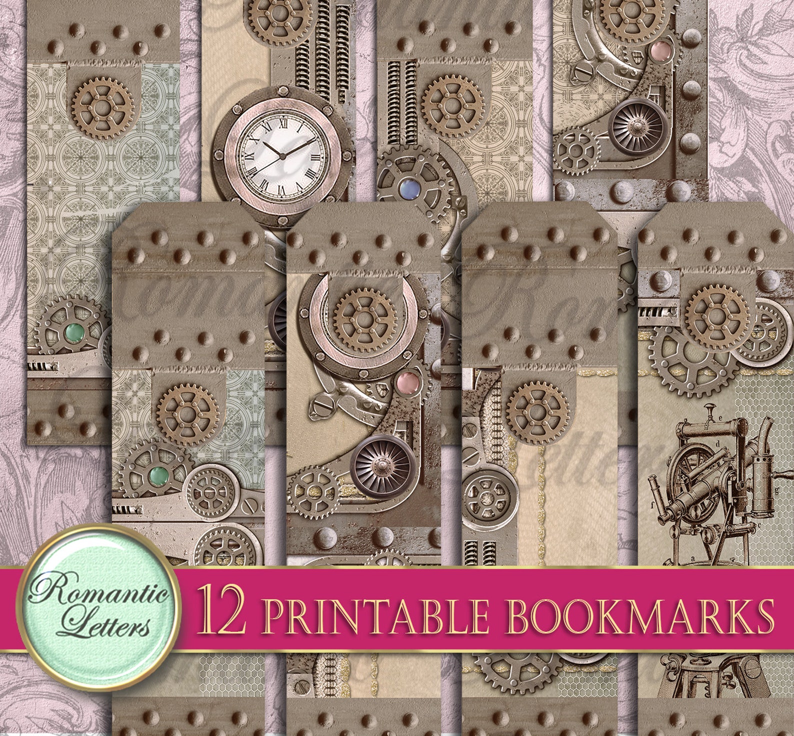 Printable Steampunk Bookmarks Set Printable Scrapbook Gift Tags ...
