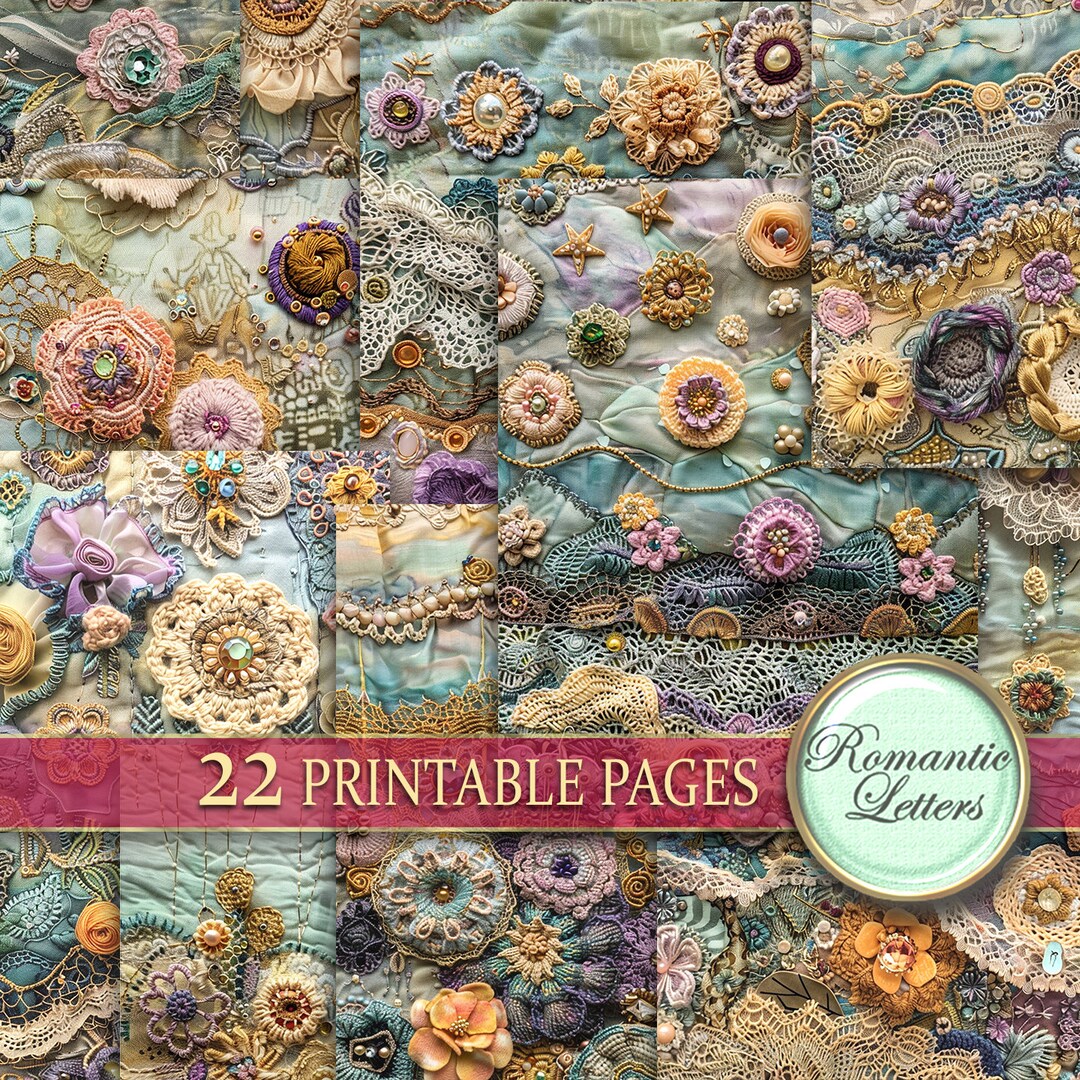 Digital Printable Scrapbook Paper Pack Crochet Flowers Embroidery ...