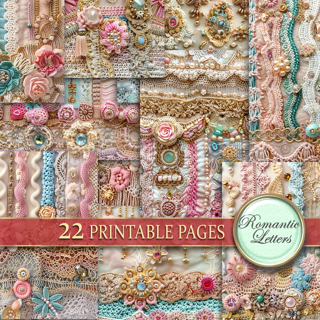Crochet Digital Printable Scrapbook Paper Pack Flowers Embroidery ...