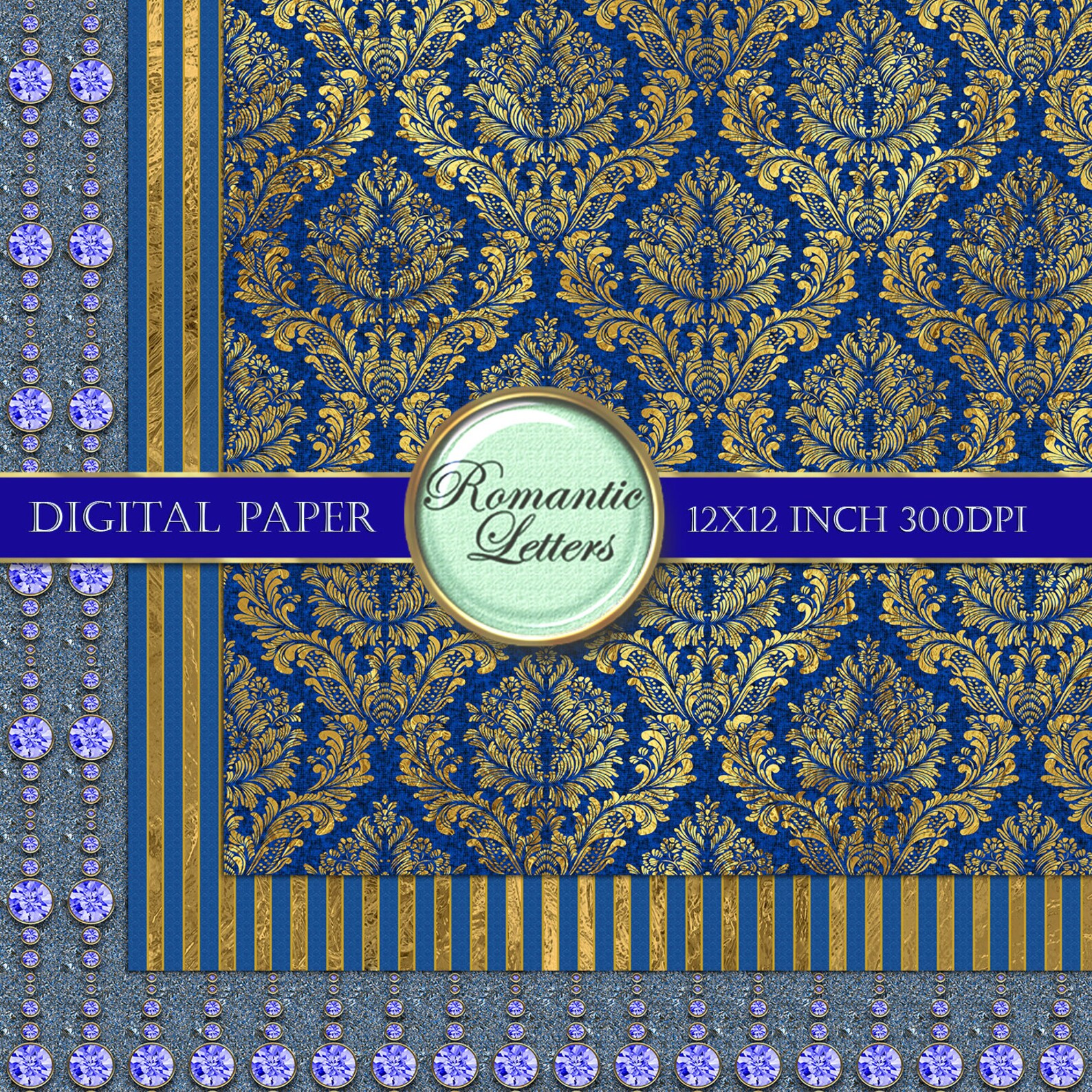 Damask Gold Digital Paper Pack Digital Background Paper Blue Gold Foil ...
