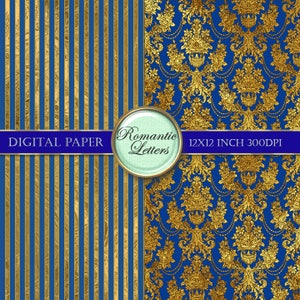 Damask Gold Digital Paper Pack Digital Background Paper Blue Gold Foil ...
