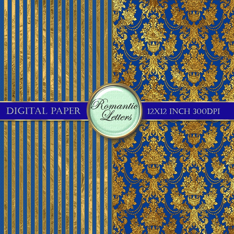 Damask Gold Digital Paper Pack Digital Background Paper Blue - Etsy