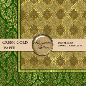 Digital Paper Pack Damask Gold Texture Green Digital Gold Paper Digital ...