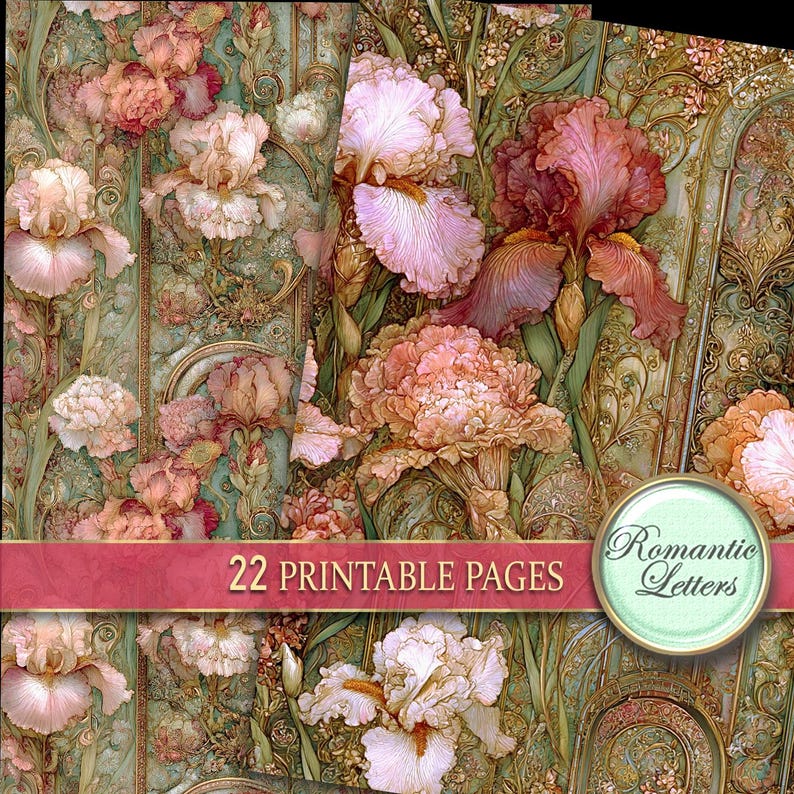 Floral Junk Journal Pages Digital Scrapbook Paper Pack Iris Flowers ...